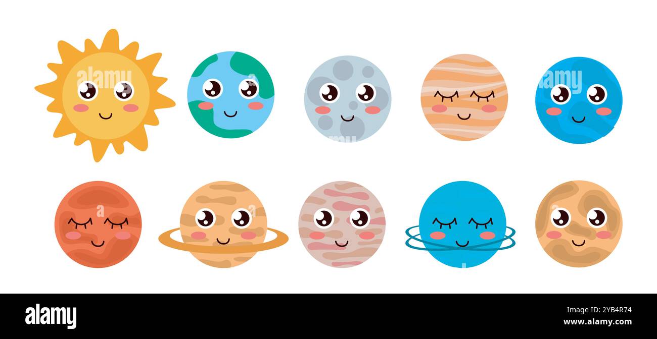 Collection of cute planets. Galaxy and universe, solar system objects ...