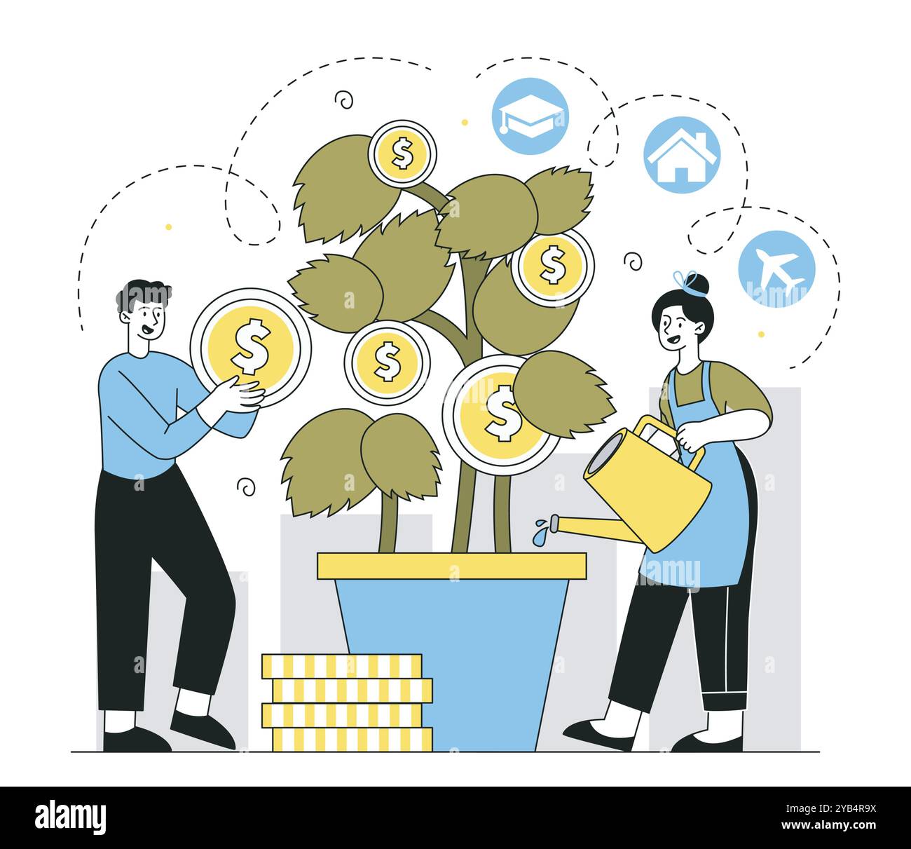 People watering money tree. Man and woman water tree with gold coins ...