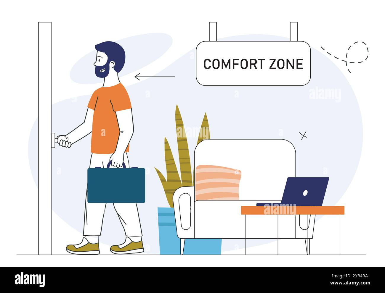 Man leave comfort zone. Young guy with briefcase leaves room. Self ...