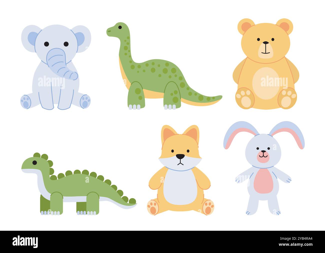 Set of plush toy. Rabbit, dog, dinosaur, teddy bear and elephant ...