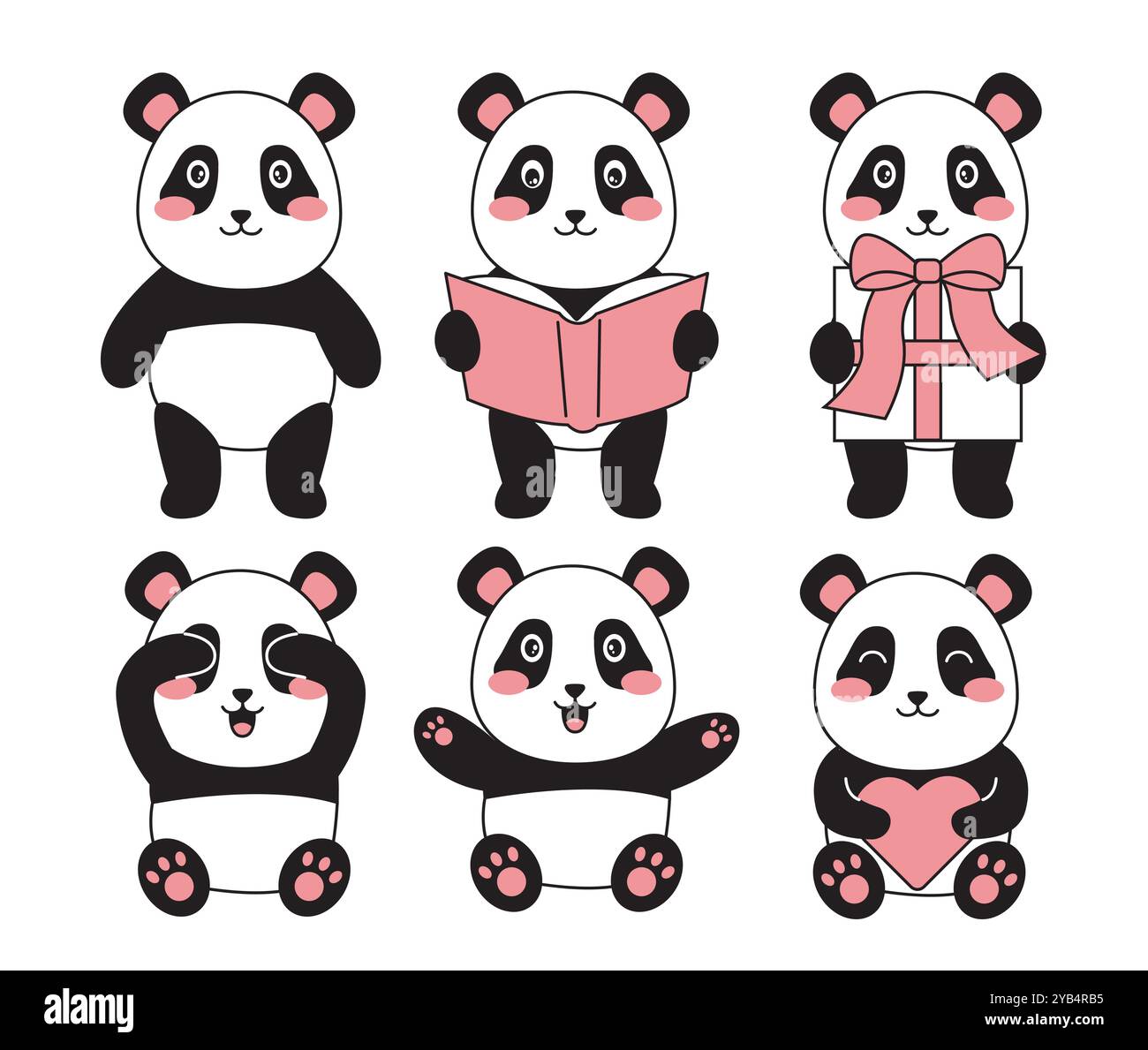 Set of cute pandas. Asian black and white animals with heart, giftbox ...