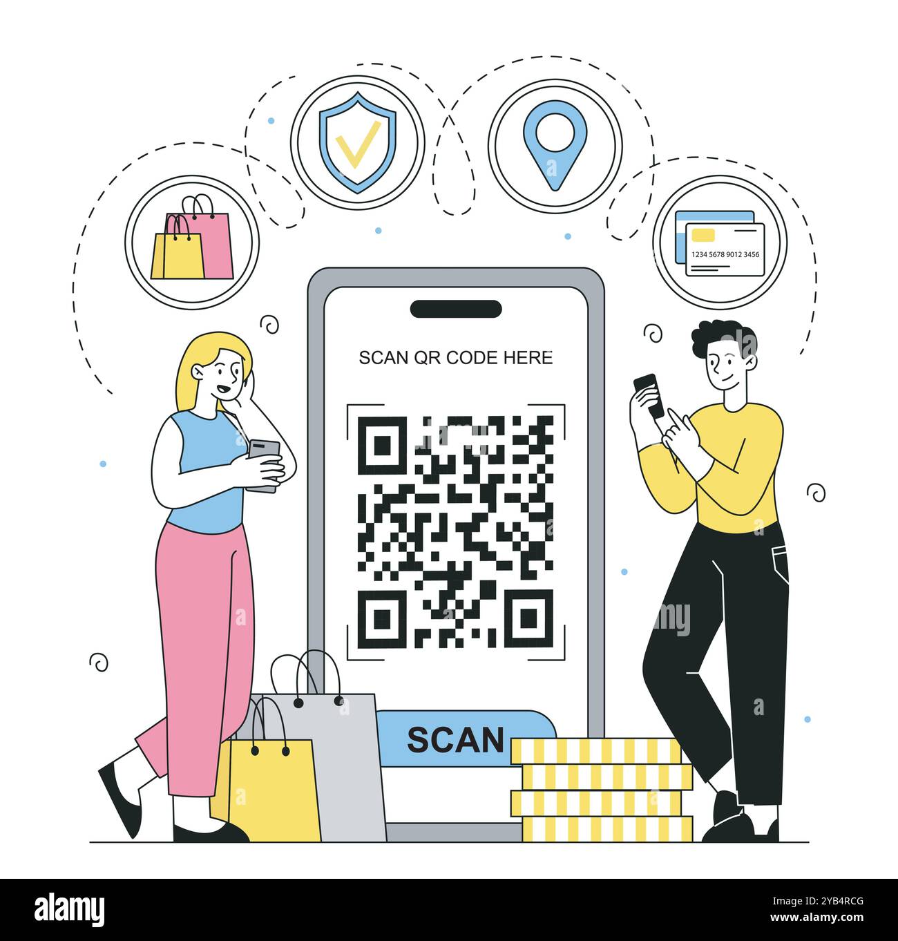 People with qr code. Man and woman near smartphone with shortened link ...