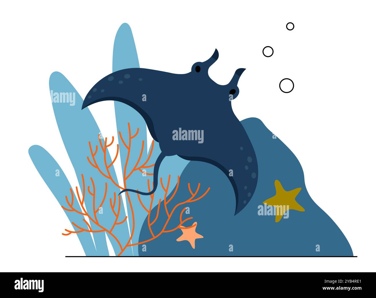 Sea creature concept. Blue stingray near corals and reefs. Underwater ...