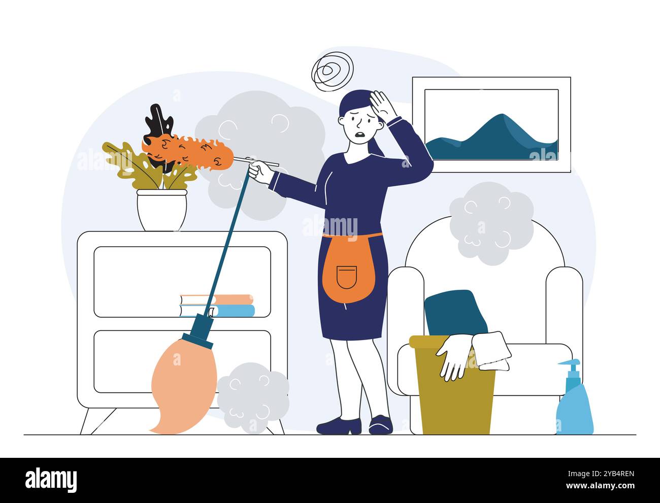 Exhausted cleaning lady. Housewife with emotional burnout. Overworked ...