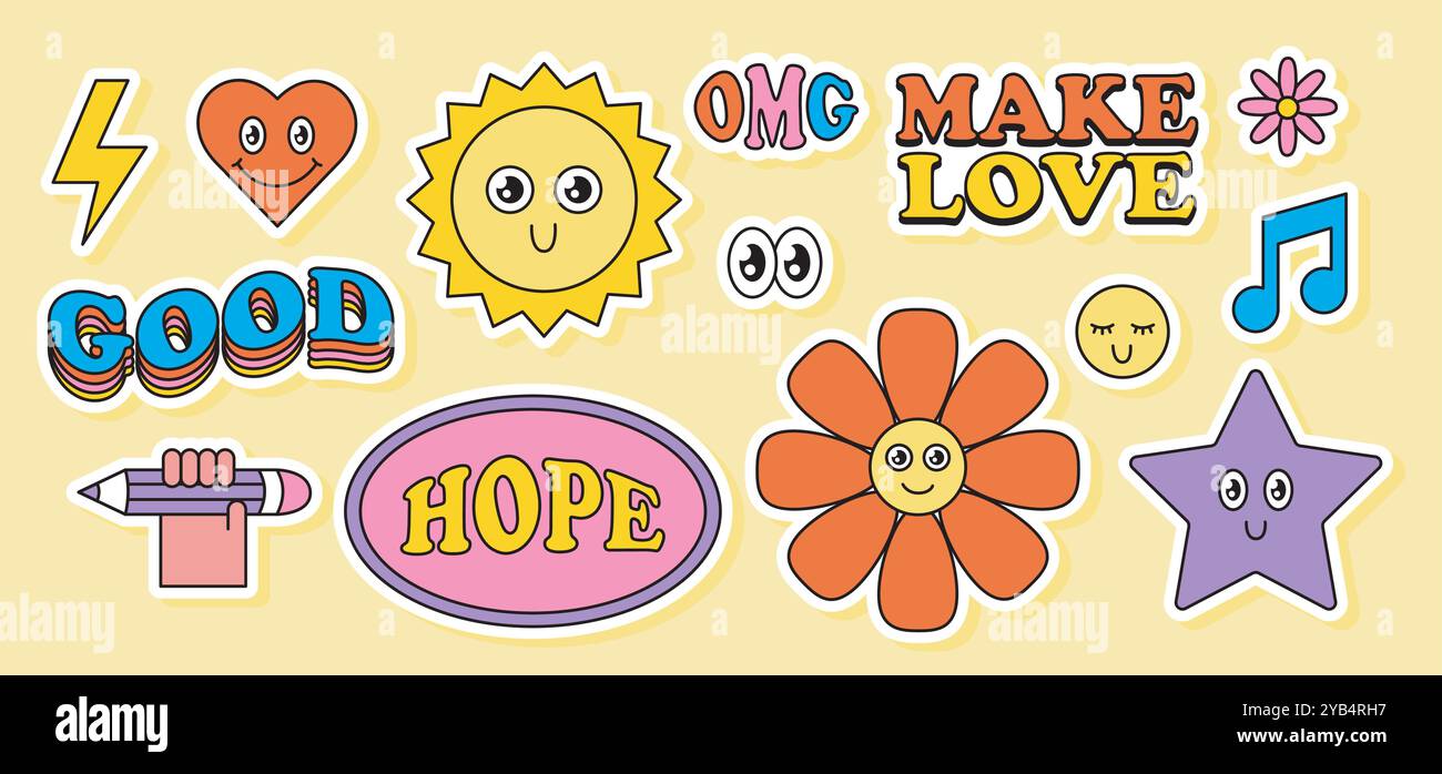 Set of hippie stickers. Red flower, sun, heart and lightning. Back to ...
