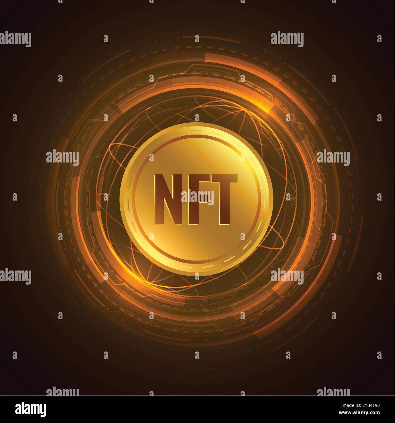 digital NFT non fungible token in golden coin concept poster Stock ...