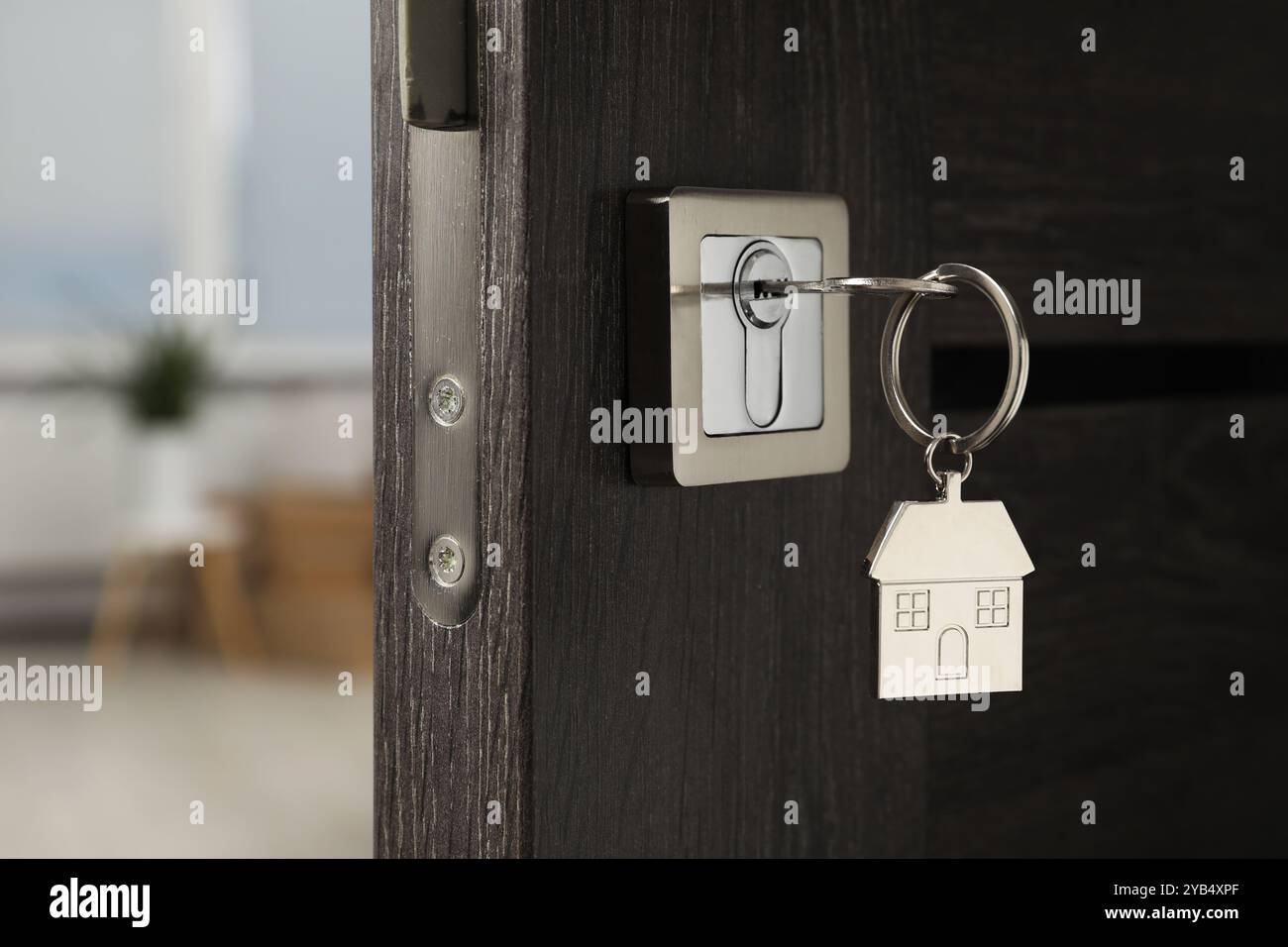Open door with key and house shaped keychain, closeup Stock Photo - Alamy