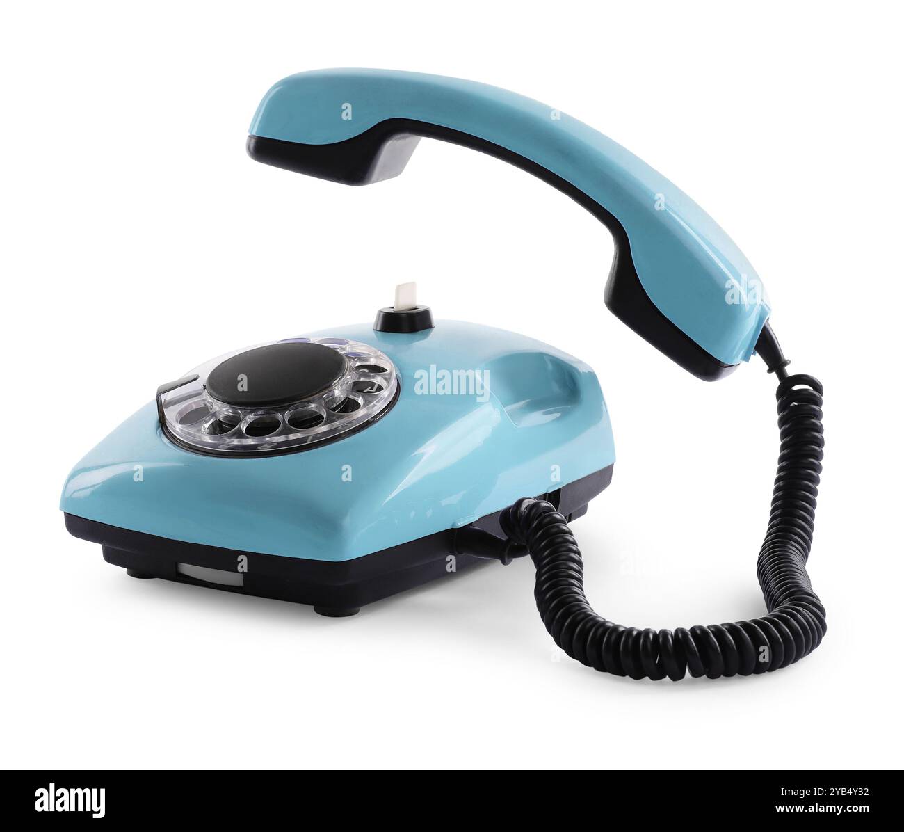 Old light blue telephone with rotary dial isolated on white Stock Photo ...
