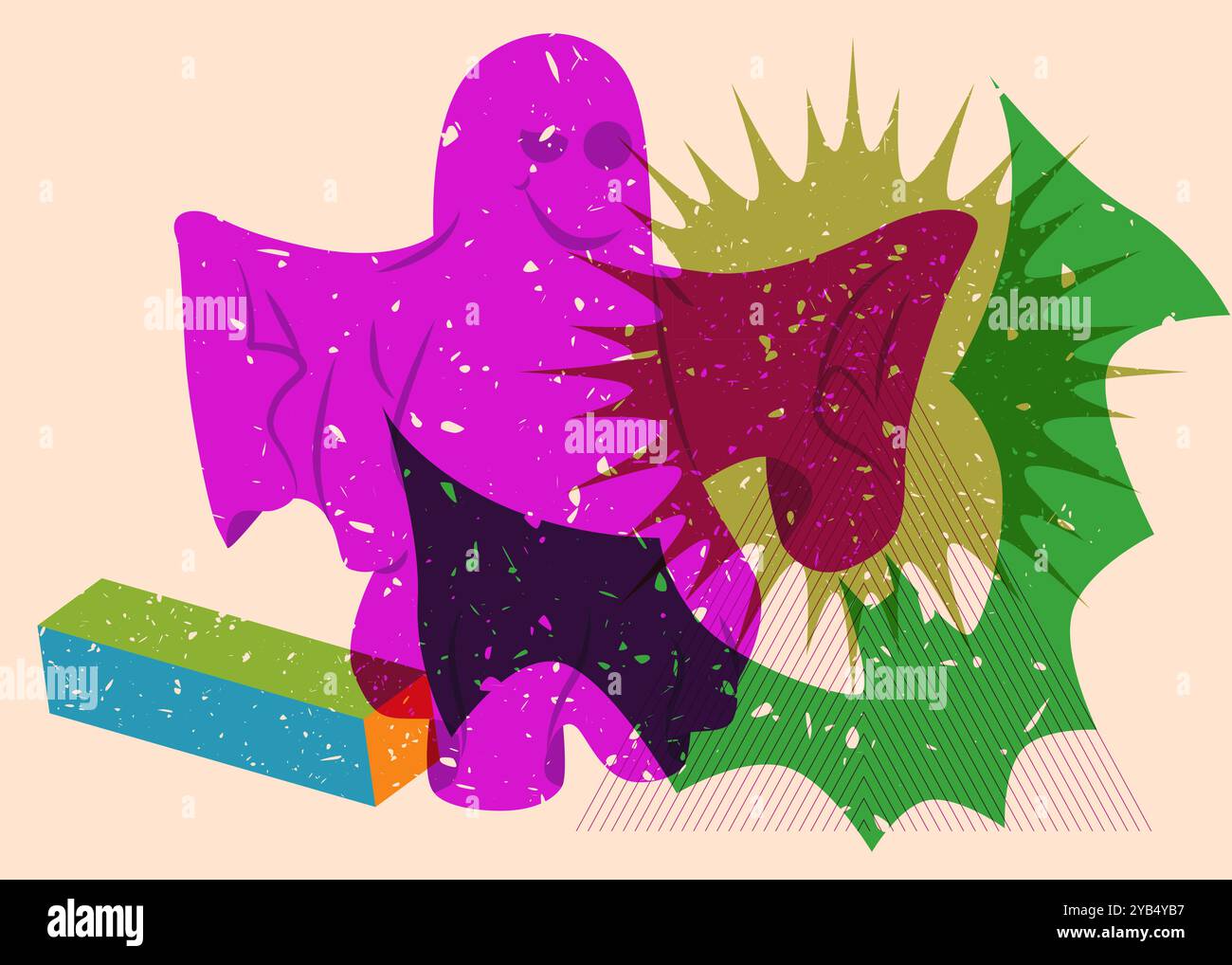 Risograph Halloween Bat and Ghost with geometric shapes. Objects in ...