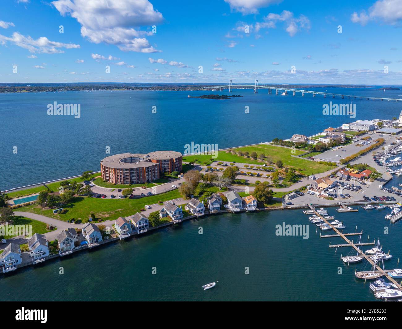 Goat Island aerial view including Goat Island Marina and Newport Harbor ...