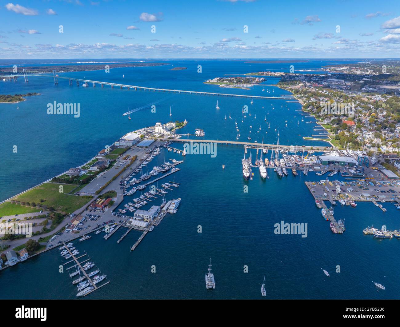 Goat Island aerial view including Goat Island Marina and Newport Harbor ...