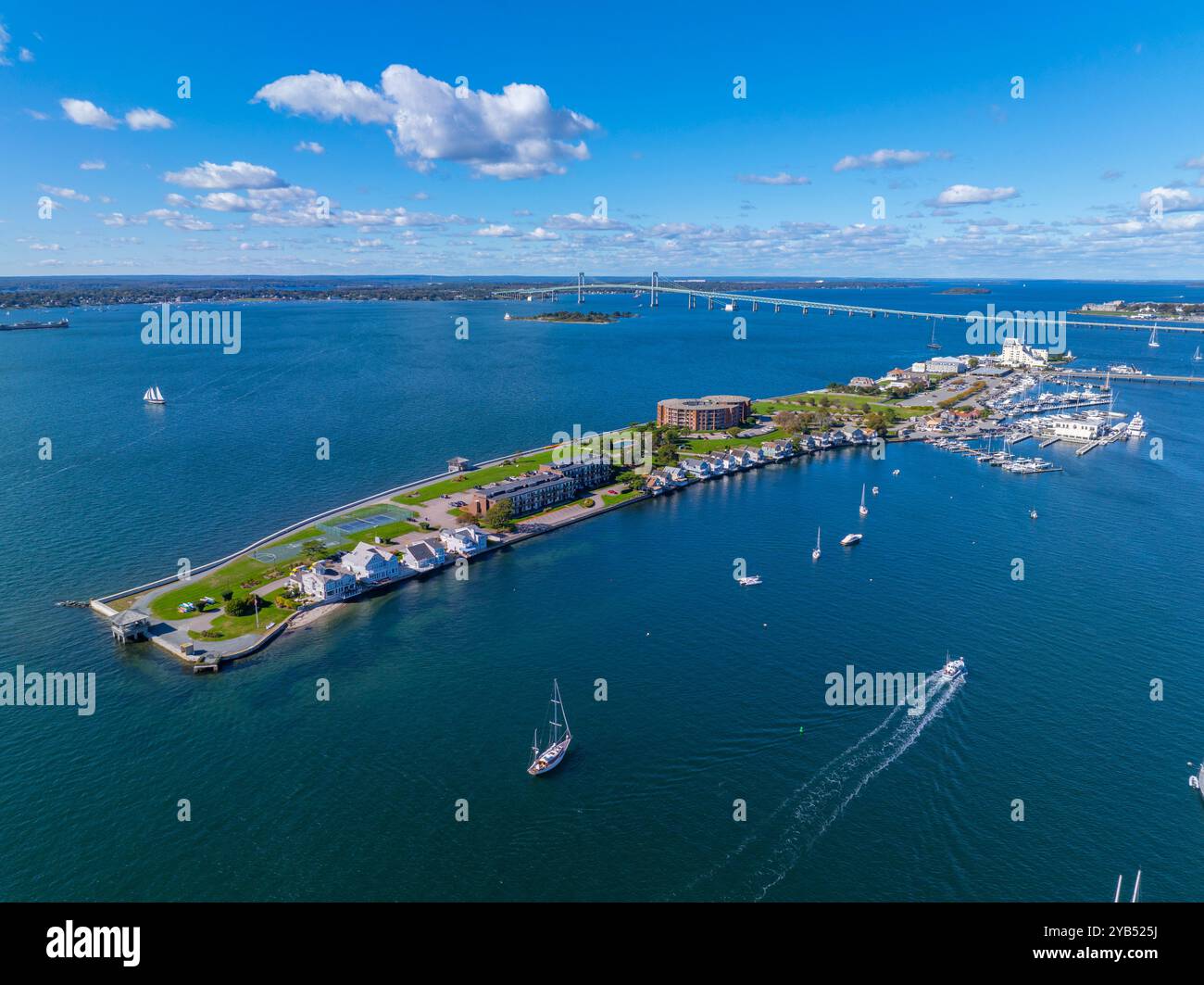 Goat Island aerial view including Goat Island Marina and Newport Harbor Island Resort with ...