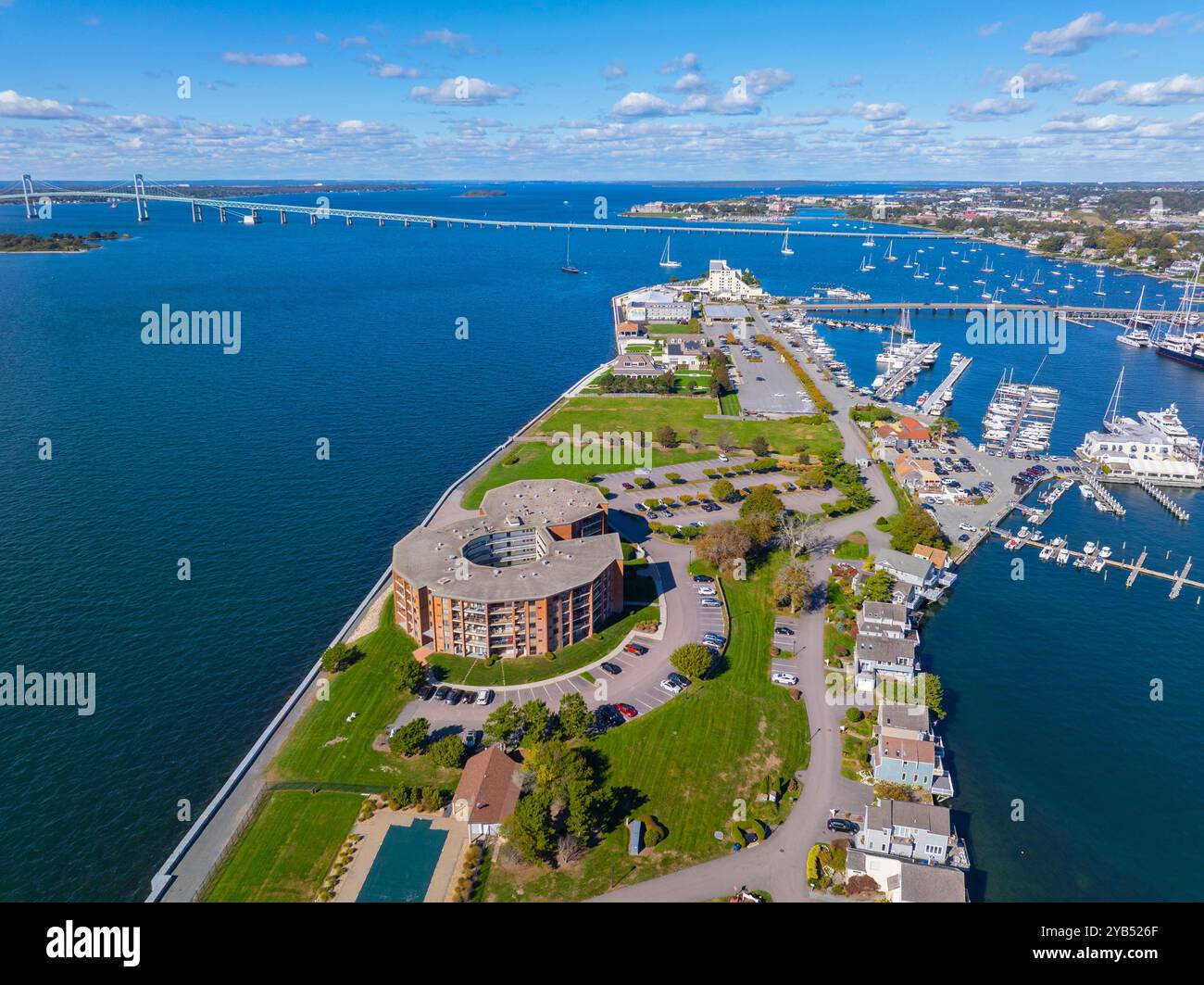 Goat Island aerial view including Goat Island Marina and Newport Harbor ...