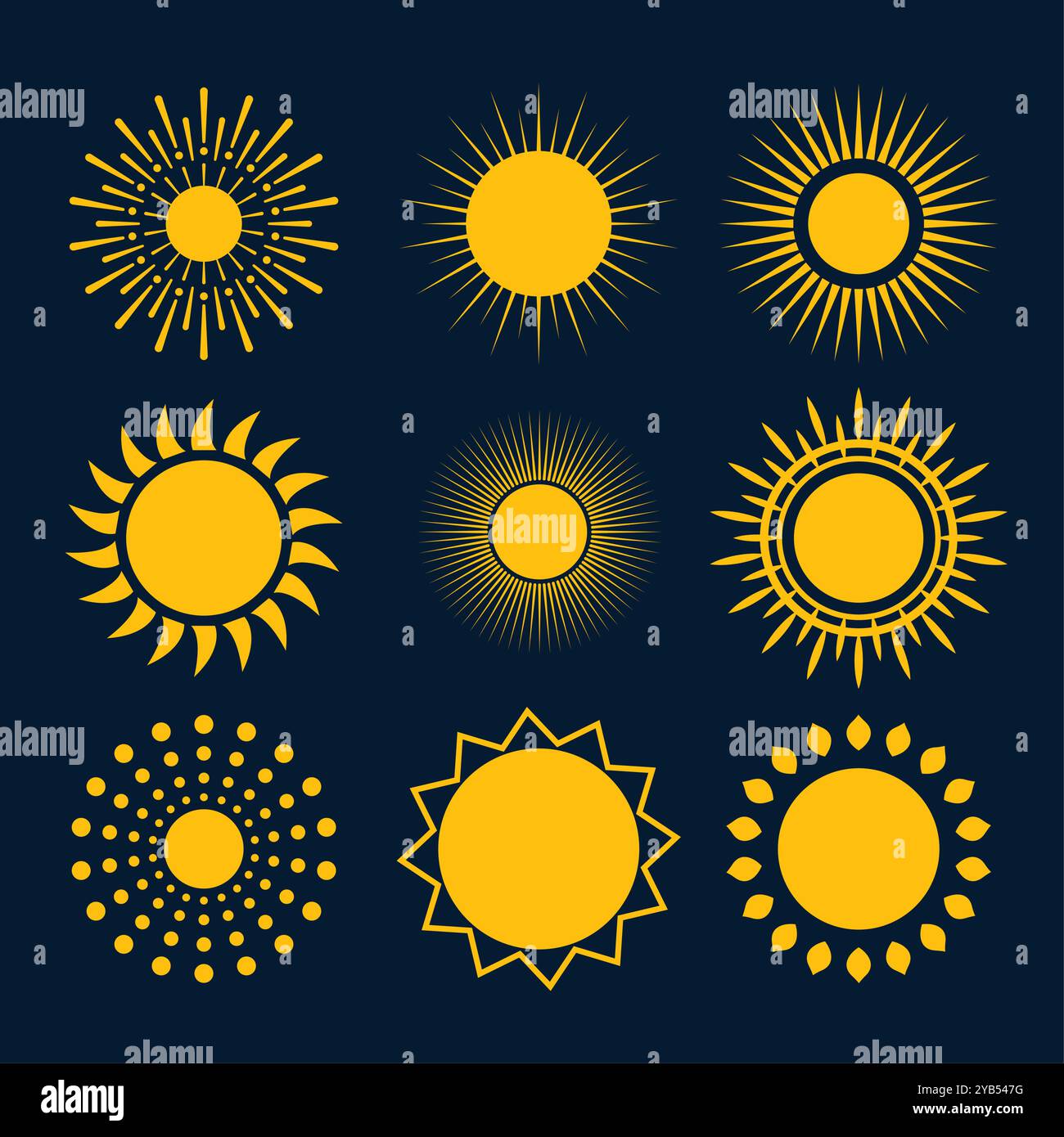 set of sunny full sun with different rays style Stock Vector Image ...