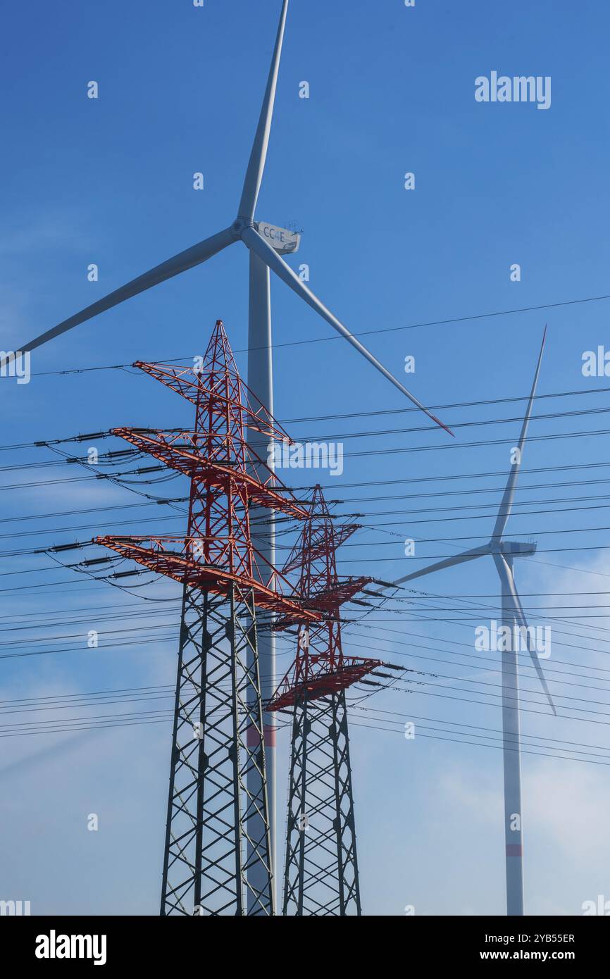 Wind turbine, high-voltage pylon, power line, Bergedorf, Hamburg Stock ...