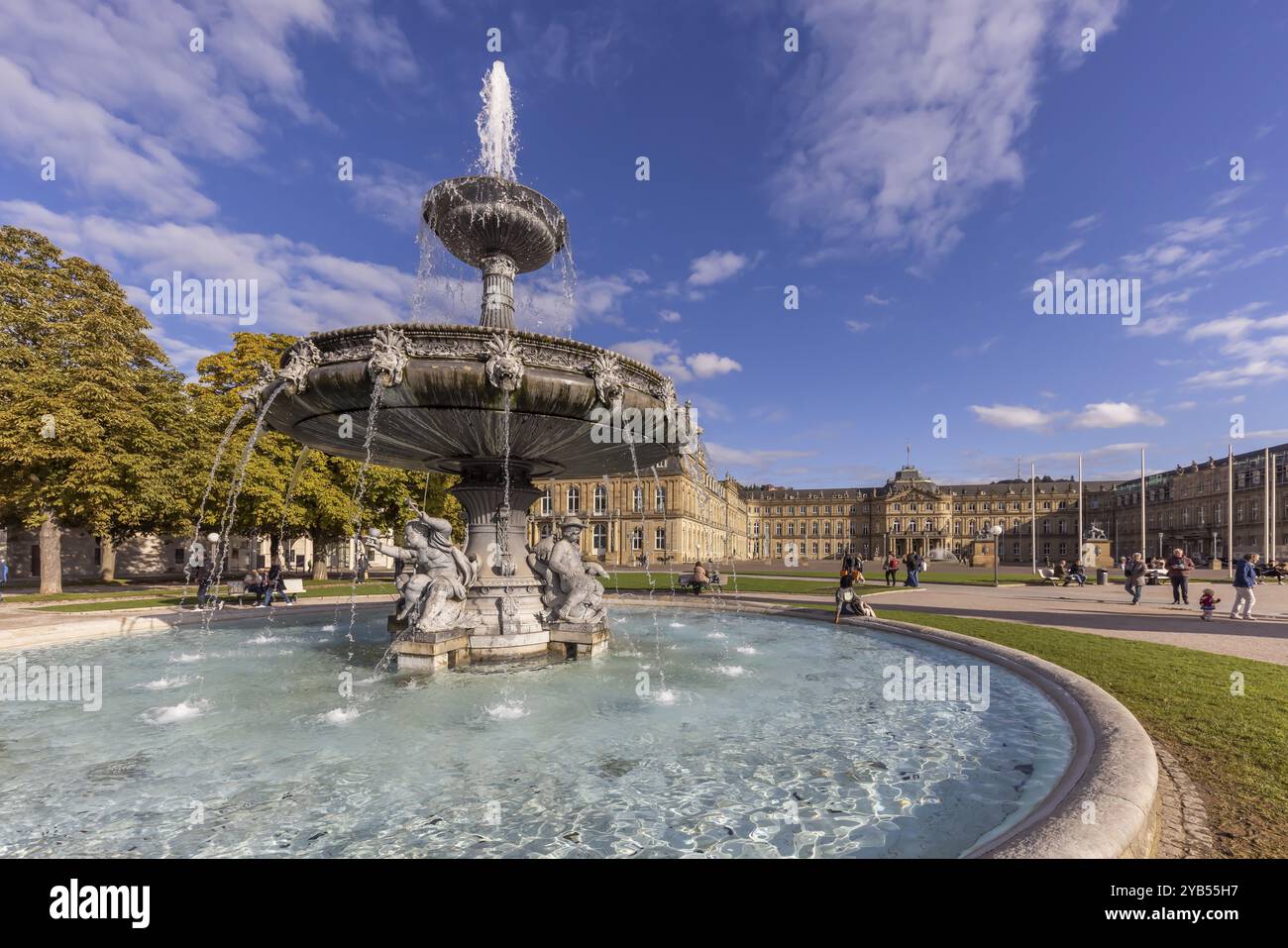 Palace square with New Palace. Fountain with fountain bowl. Place of ...
