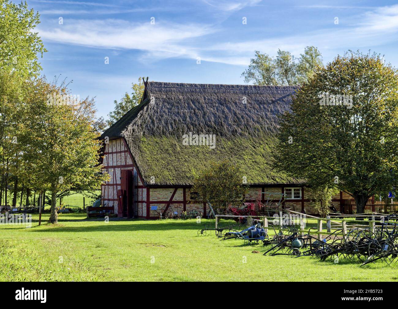 Historic half-timbered barn Hirschburg, open-air museum Klockenhagen ...