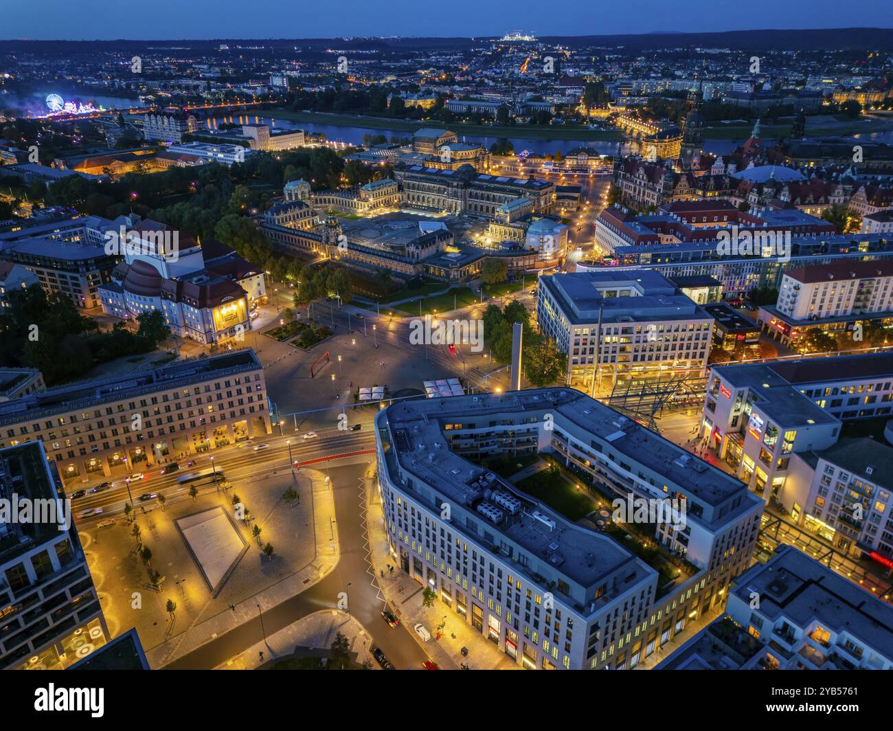 Postplatz with view to the historic old town, Dresden night aerial view ...