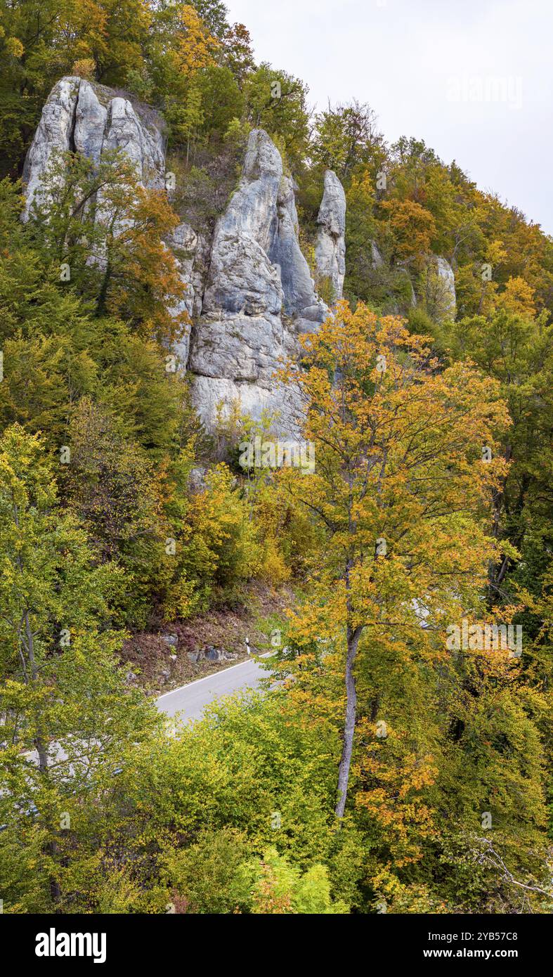 Swabian Alb in autumn, Albtrauf with colourful mixed forest and rocky ...