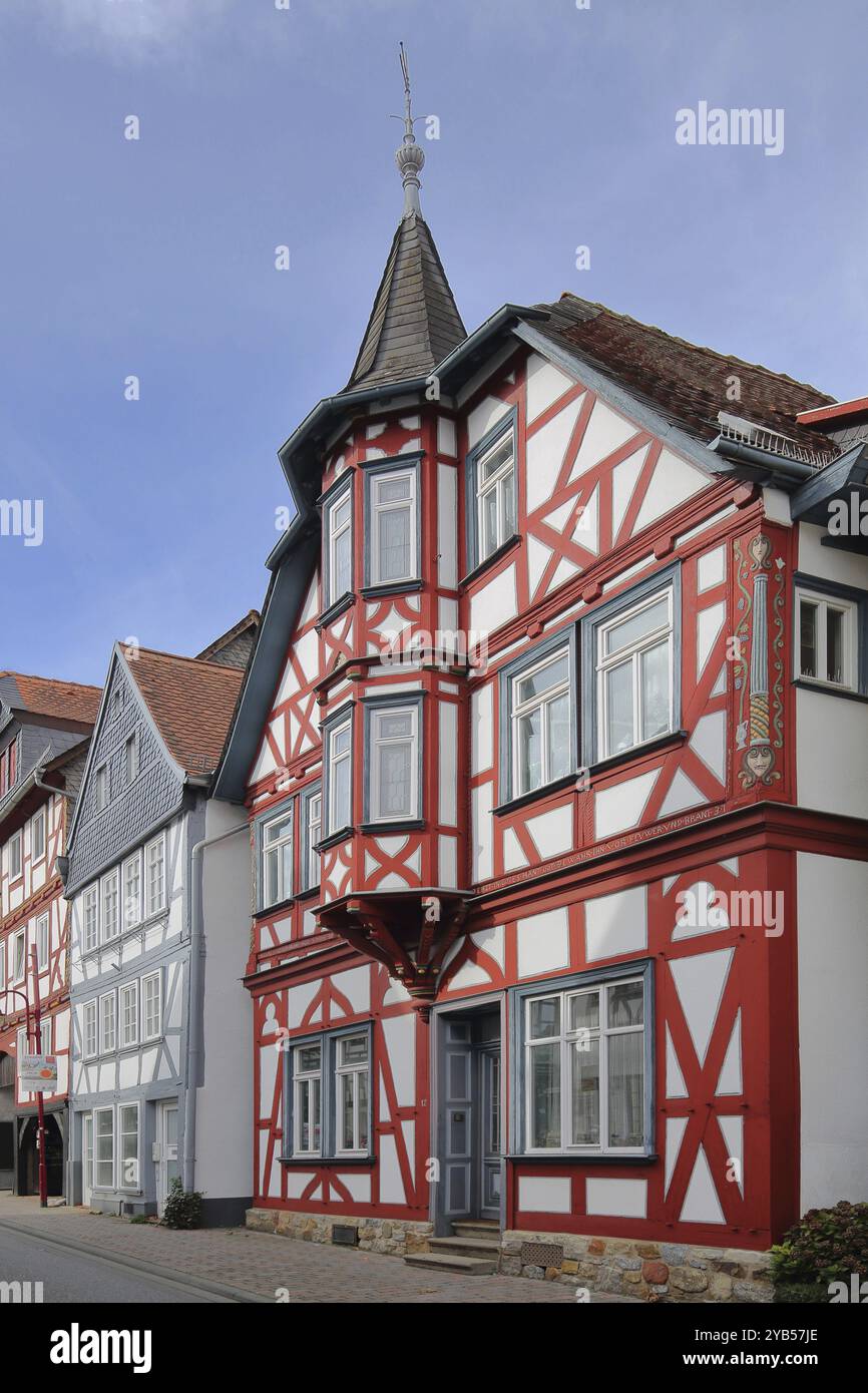 Historic half-timbered house with oriel and turret built in the 17th ...