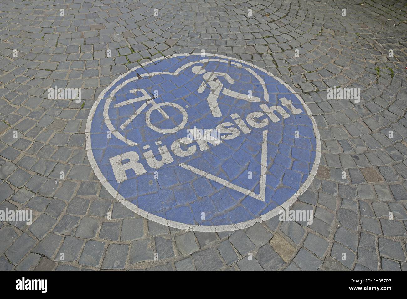 Traffic sign on the ground with blue white symbol of cyclist and ...