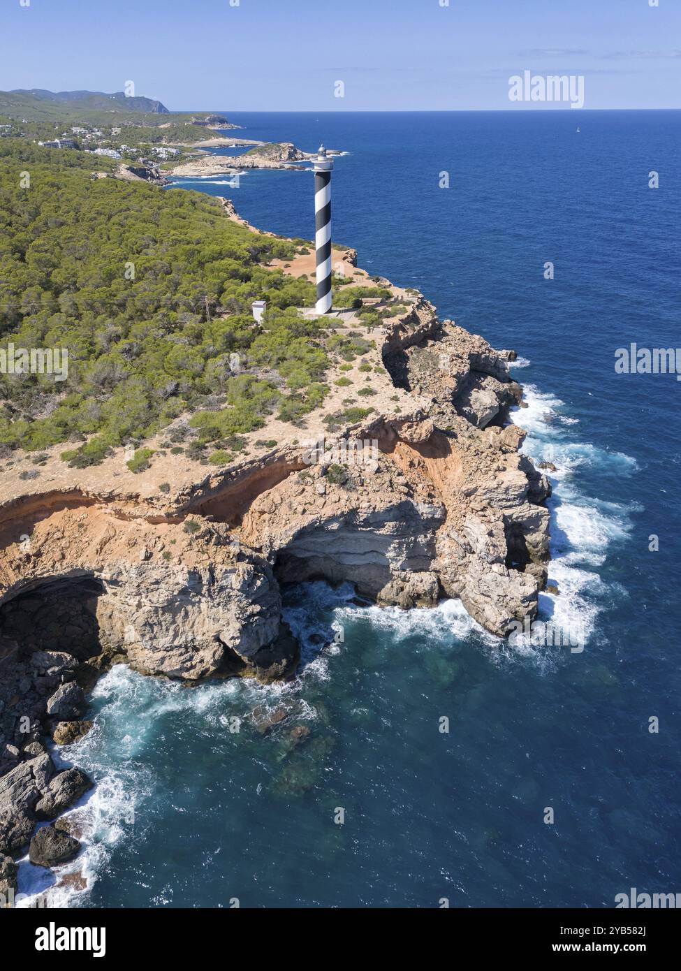 Aerial view of the lighthouse Far de sa Punta des Moscarter, Ibiza ...