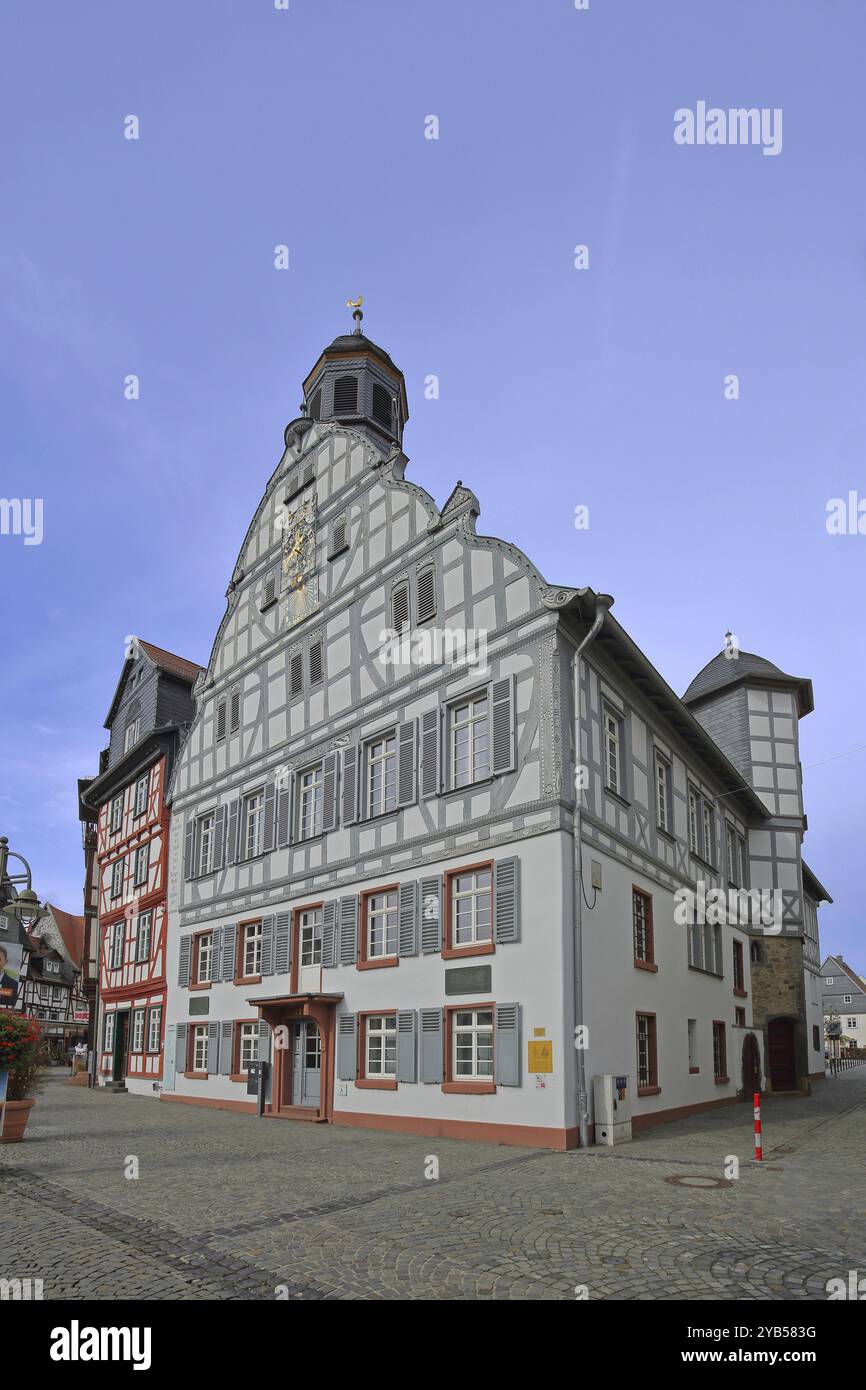 Grey town hall built in 1560, half-timbered house with oriel and tail ...