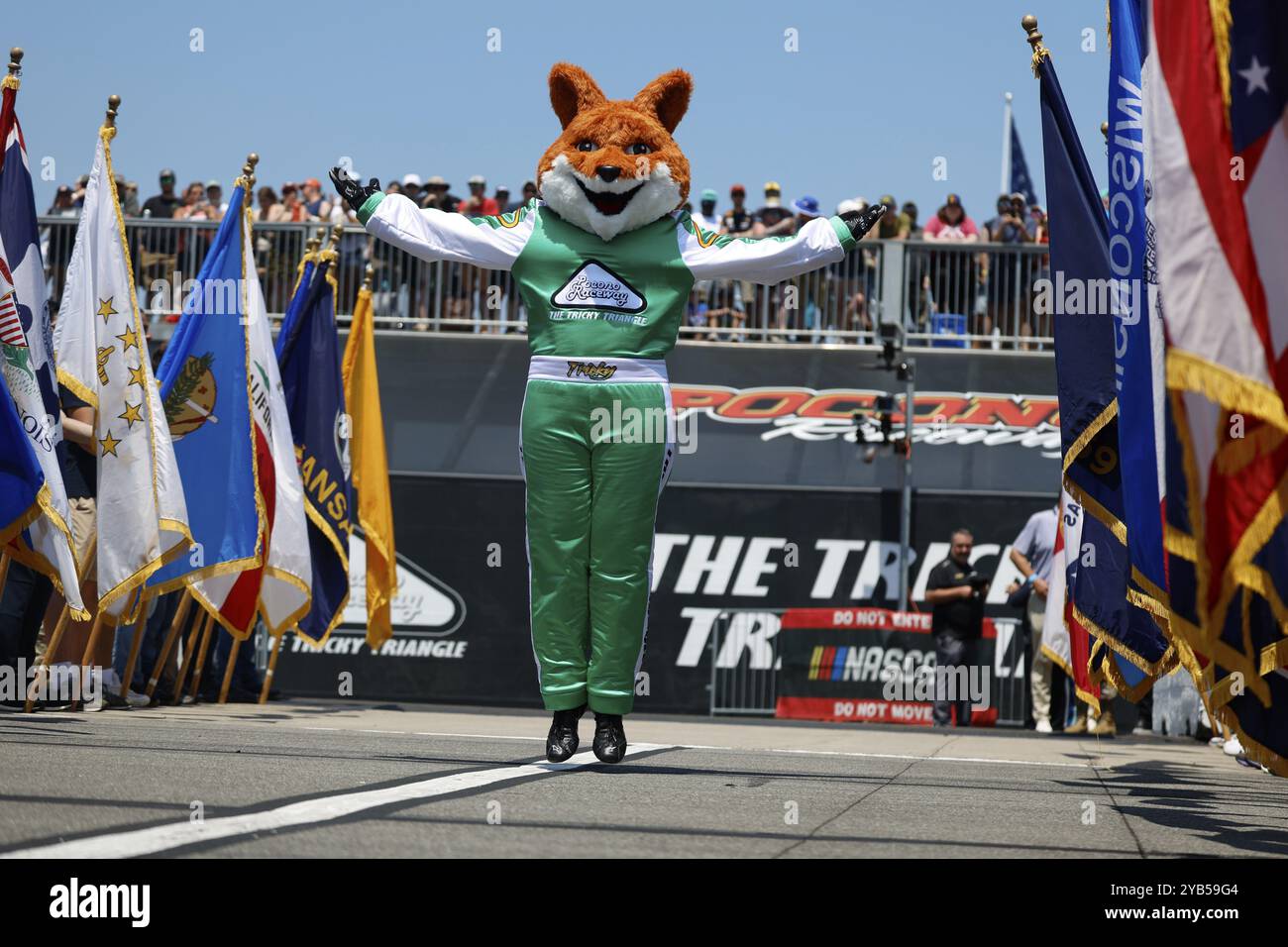 Pocono Raceway Mascot, Tricky, works up the crowd before the Great ...