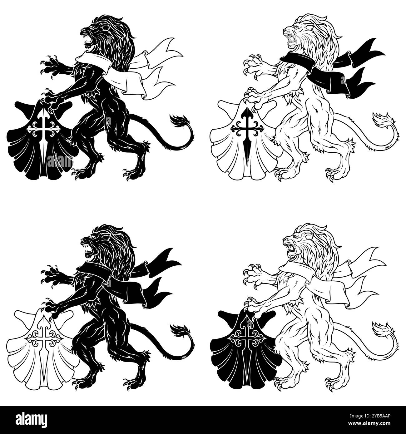 Rampant lion with ribbon and cross of Santiago, heraldic feline with ...