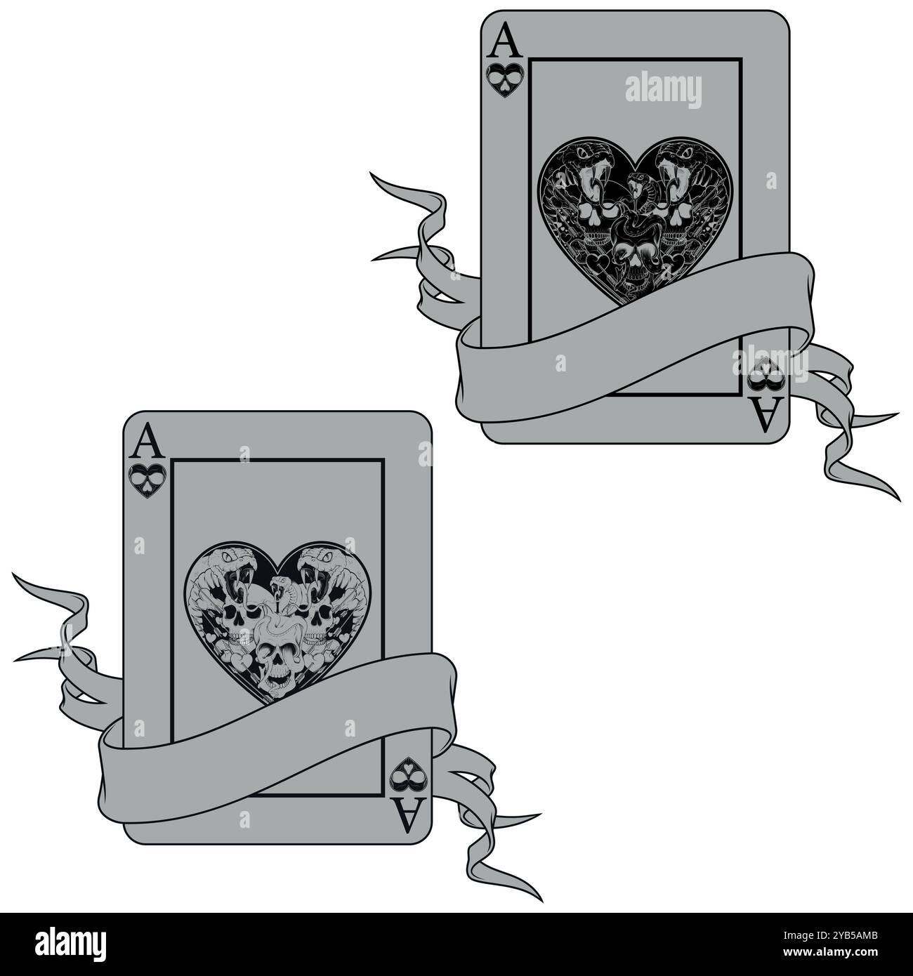 Poker cards with ribbons, with heart symbols, ribbon surrounding a ...