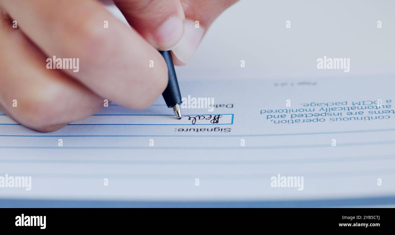 Hands, contract and person with signature in office for onboarding ...