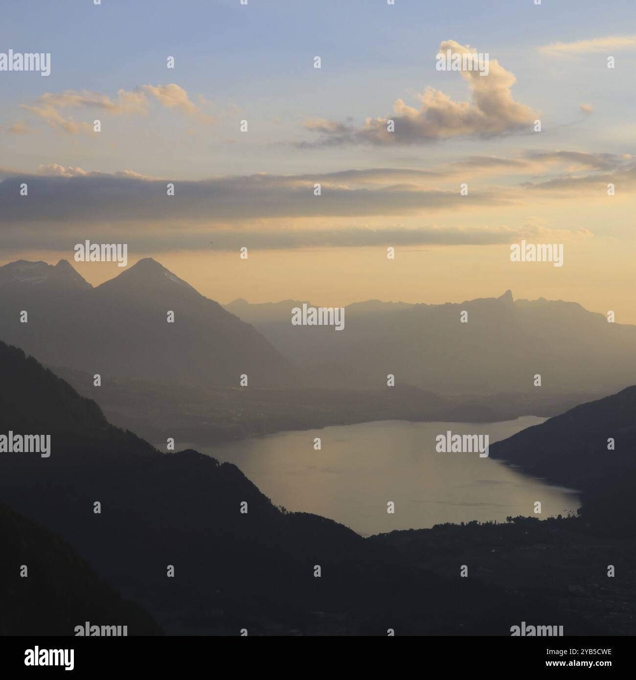 Lake Thun and pyramid shaped mountain Niesen, Switzerland, Europe Stock ...