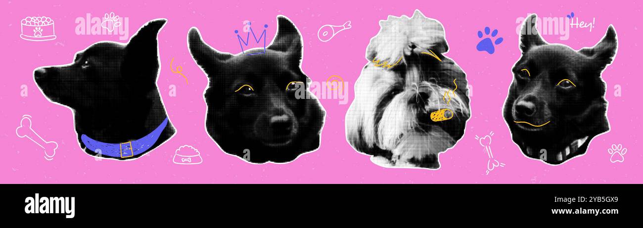 Trendy punk halftone collage dog heads set. Dotted pop art style Stock ...