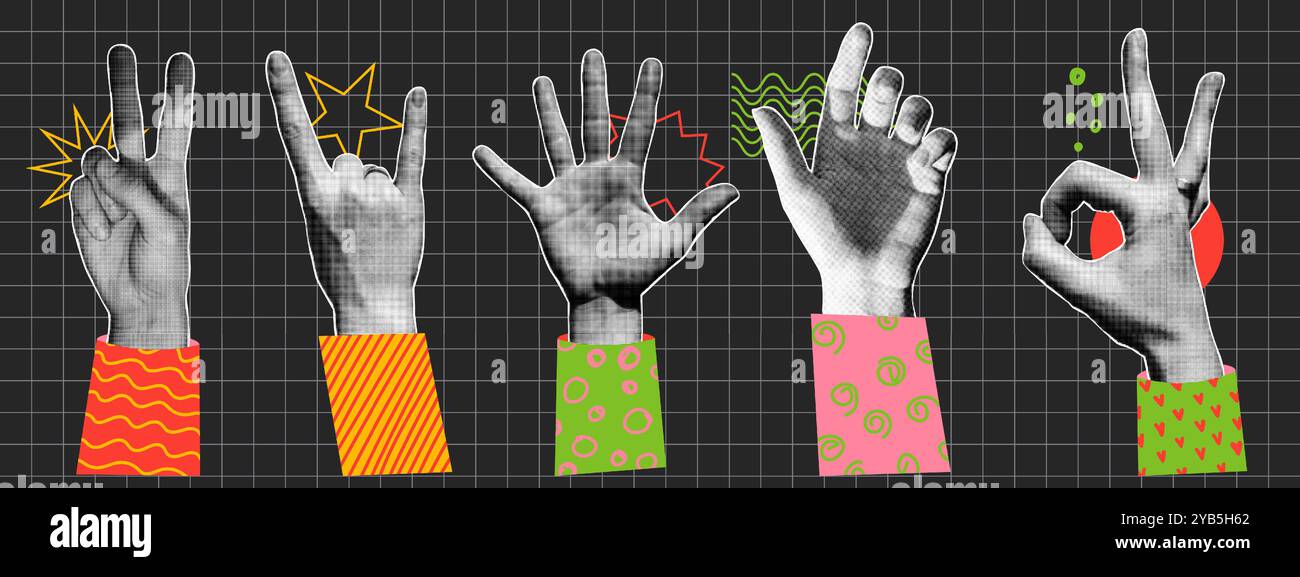 Trendy set of human hands gestures with doodle elements. Retro halftone ...