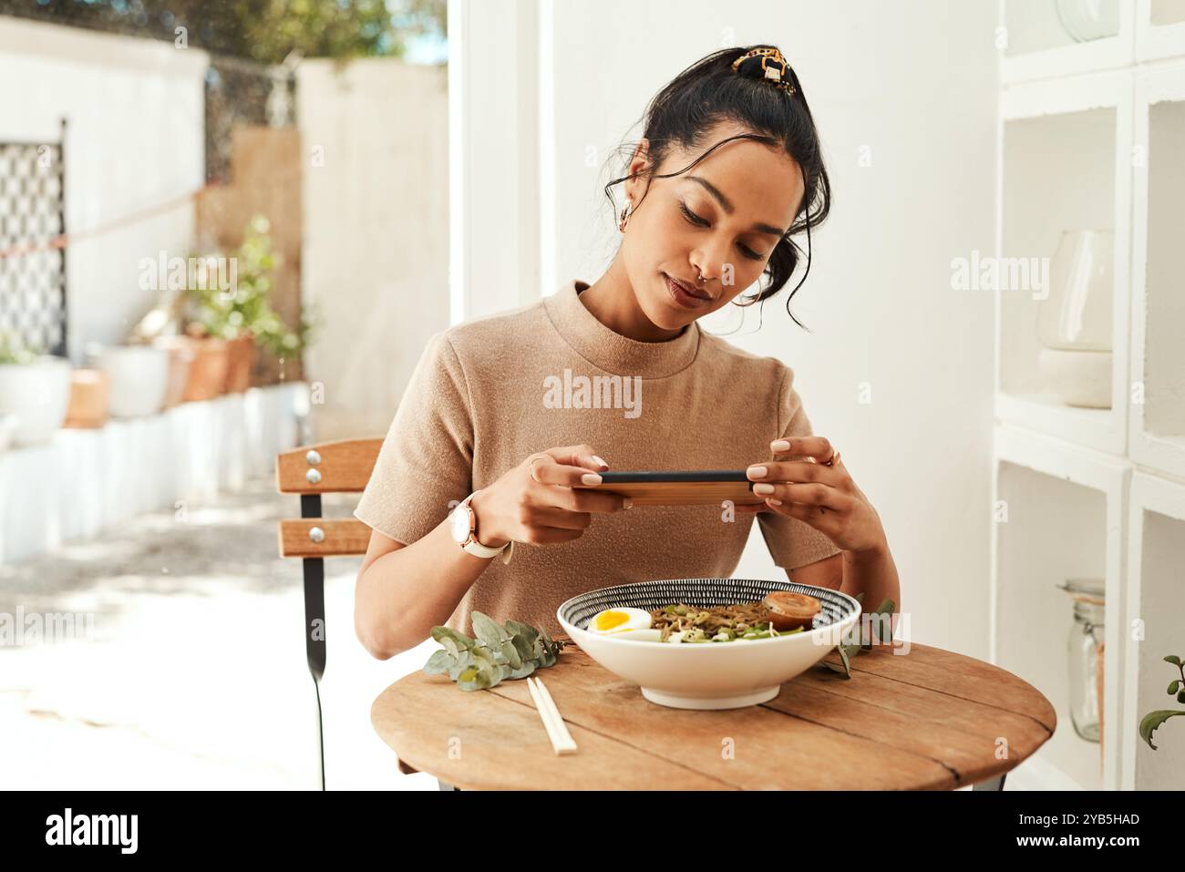 Smile, woman and phone with food photography for social media post ...