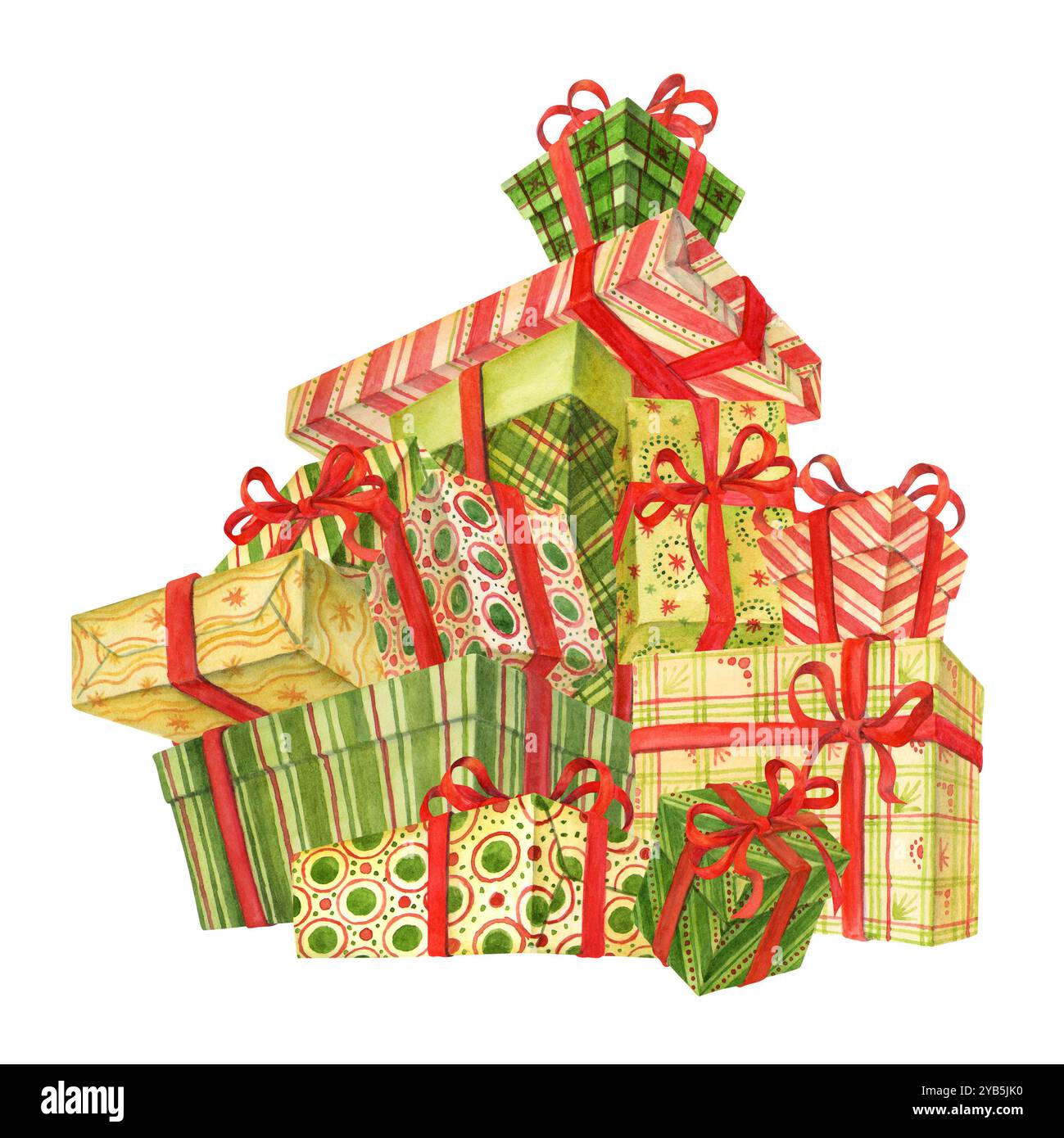 Pile of wrapped gift boxes with ribbons and bows. Isolated stack of ...