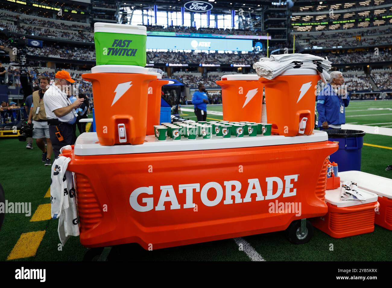 Gatorade coolers are seen before an NFL football game between the ...