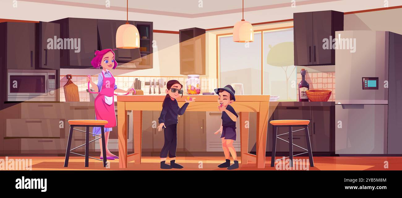 Cute happy children and mother in kitchen. Smiling girl and boy kids ...