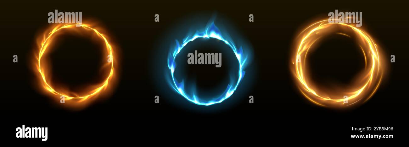 Abstract ring with yellow and blue fire flames on black background ...