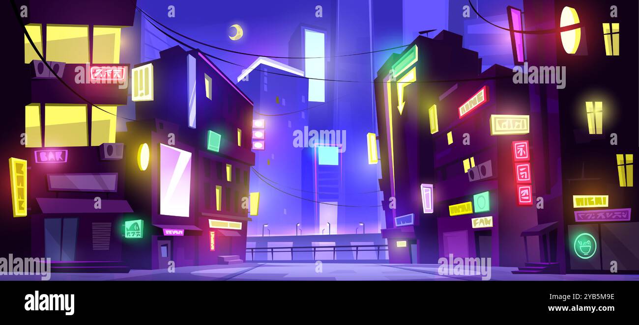 Downtown street with neon glowing signs at night. Dark city landscape ...