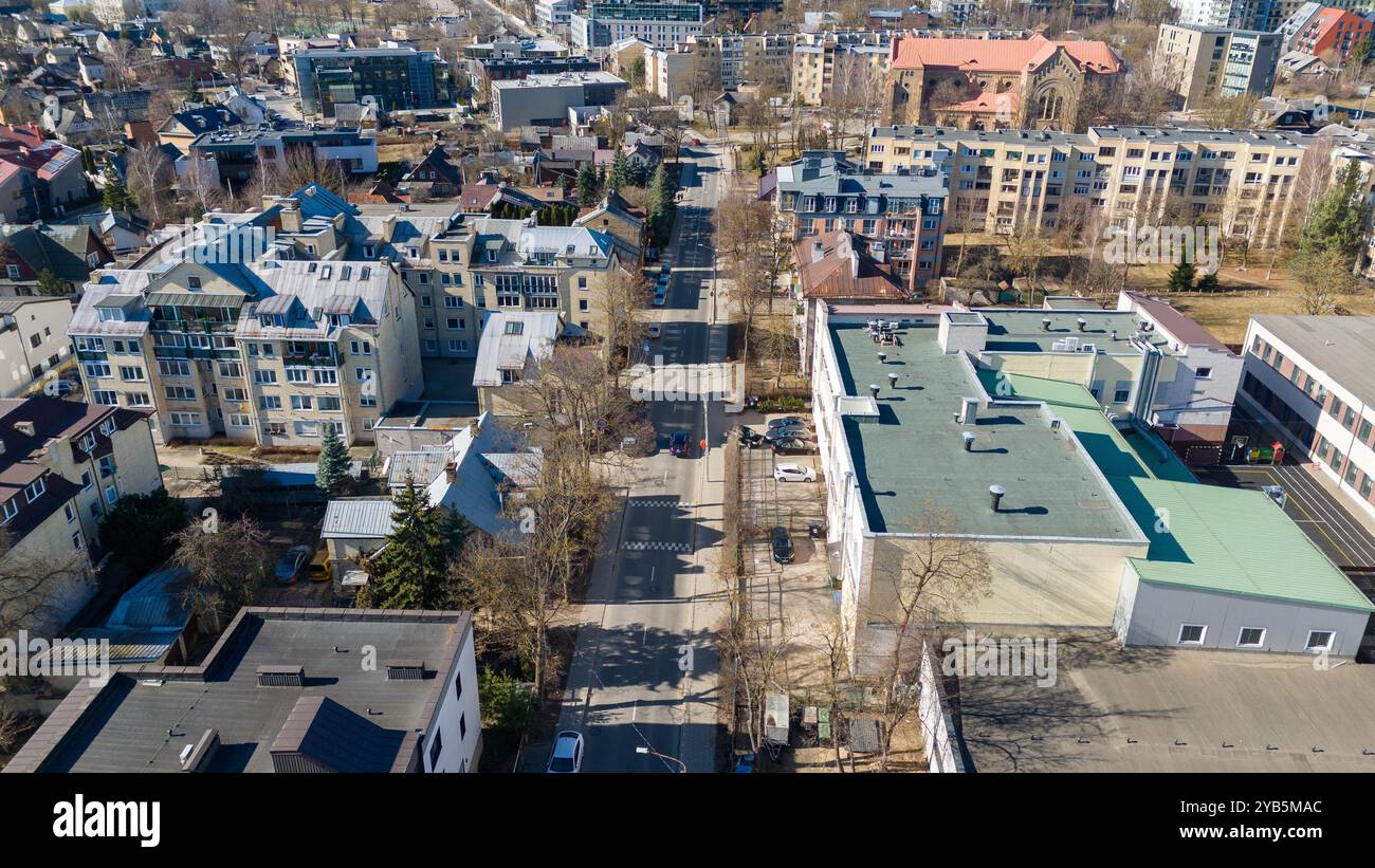 Aerial view of a city neighborhood with residential and commercial ...