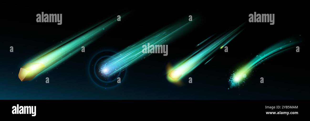 Comet or asteroid fire light trail in space vector. Meteorite fall with ...