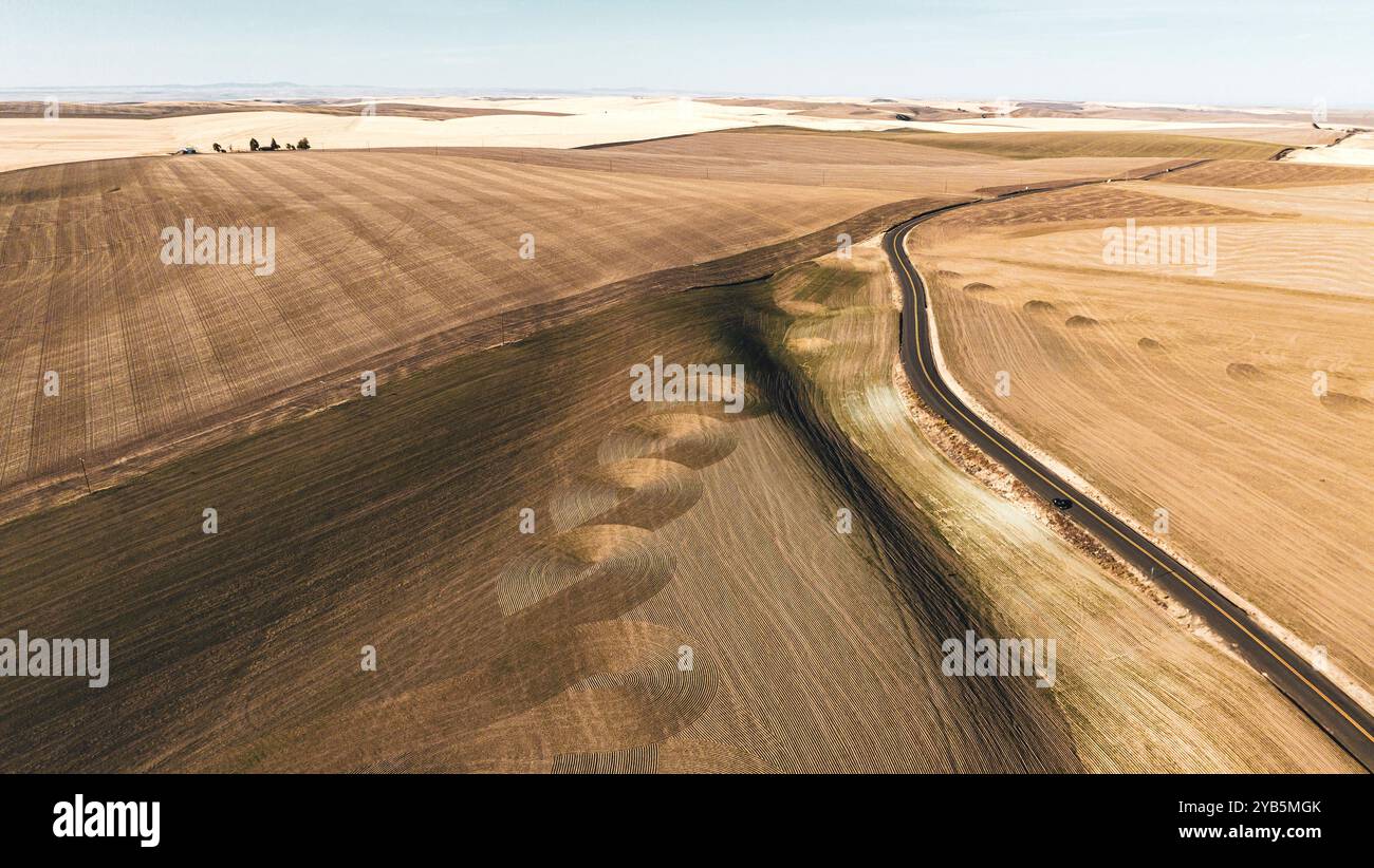 Aerial view of abstract patterns in a Palouse wheat field after the ...