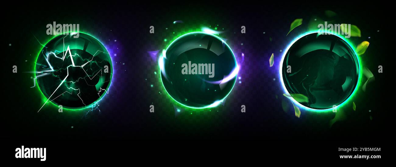 Green and purple magic glowing balls with light effect. Realistic 3d ...