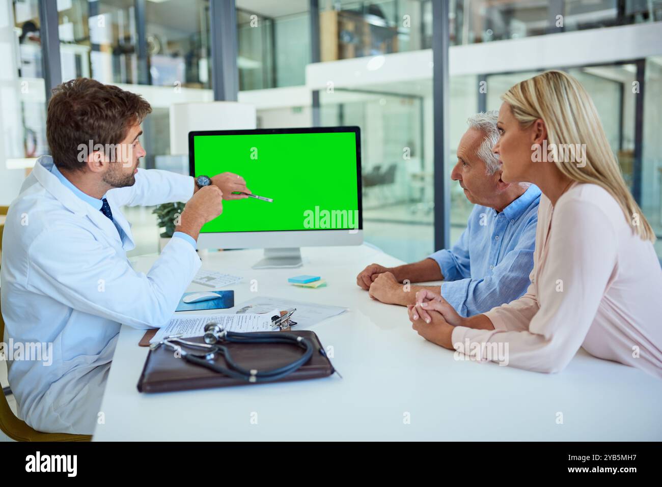 Doctor, people and computer green screen for patient test results ...