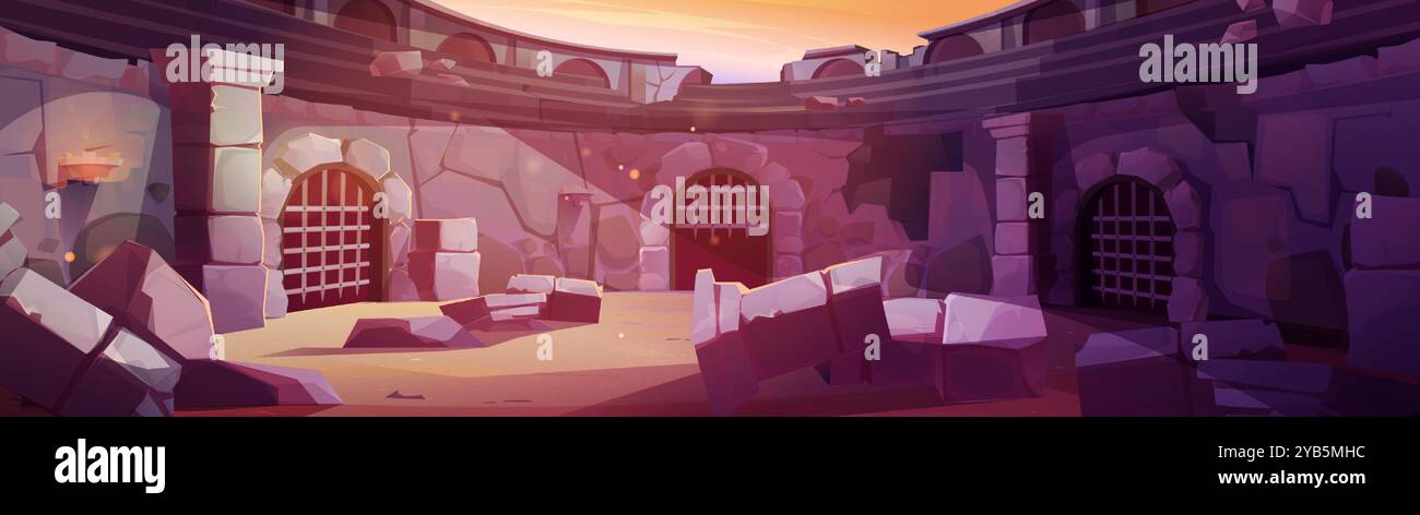 Broken roman gladiator arena with damaged stone columns, lattice gates ...