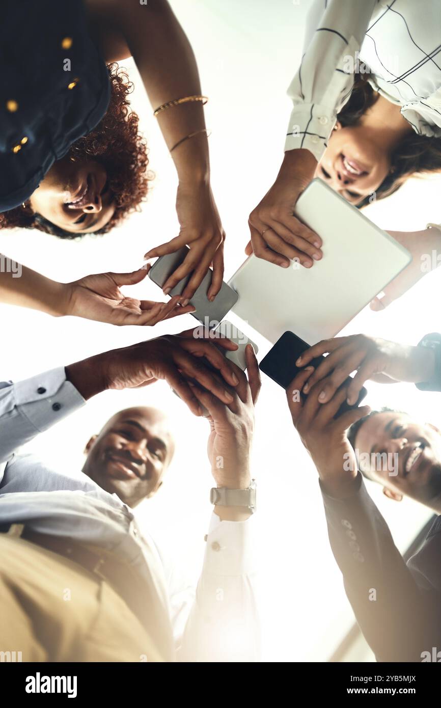 Business people, hands and tech for team huddle, campaign project and ...