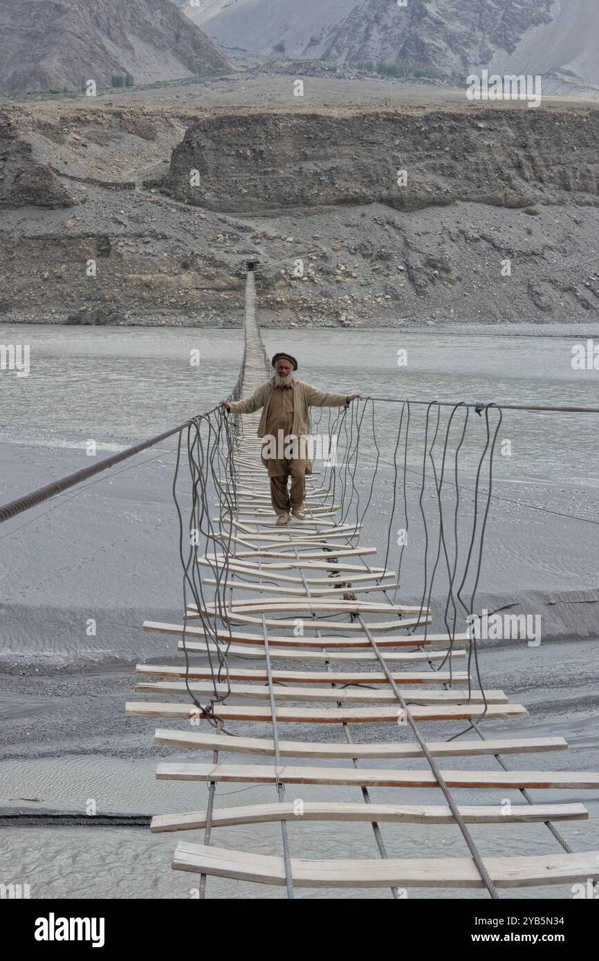 Crossing the rickety old Passu susepension bridge over the Hunza River ...