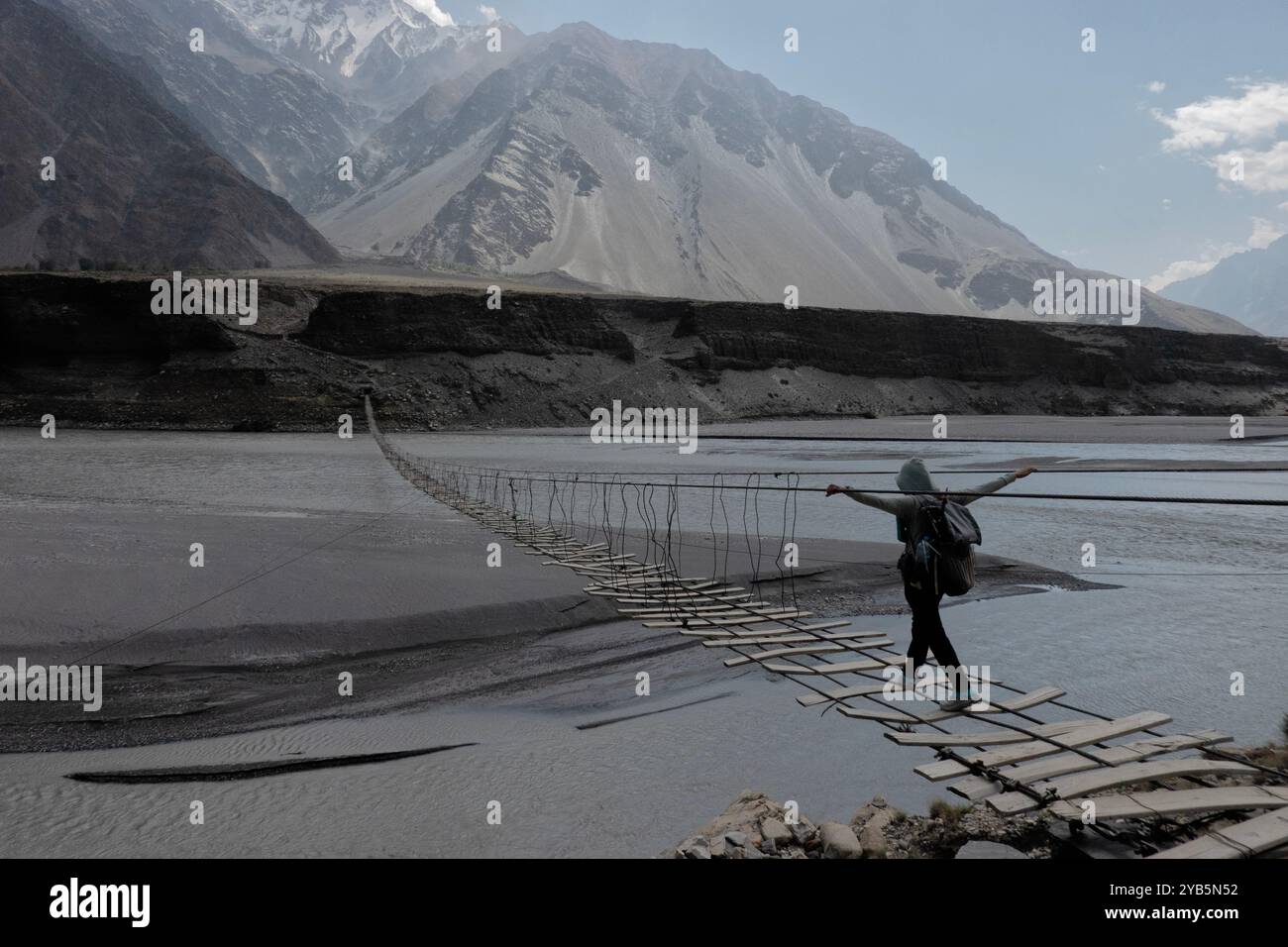 Crossing the rickety old Passu susepension bridge over the Hunza River ...