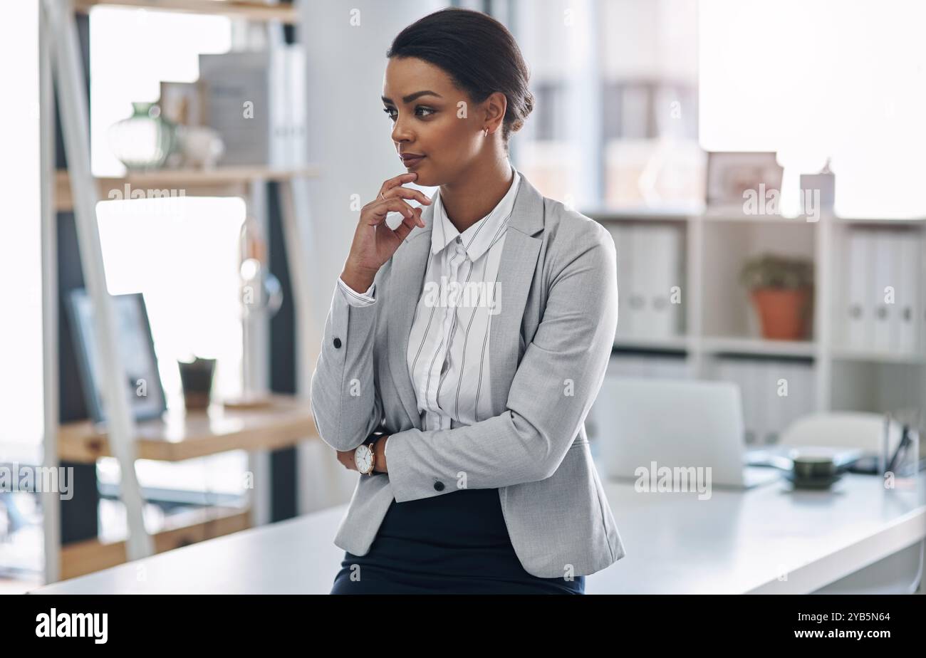 Business woman, thinking and vision with ideas for corporate ambition ...